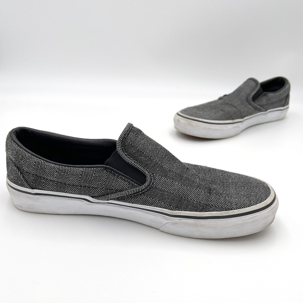 Vans Grey (Black And White Strip) Classic Slip Ons - Gem